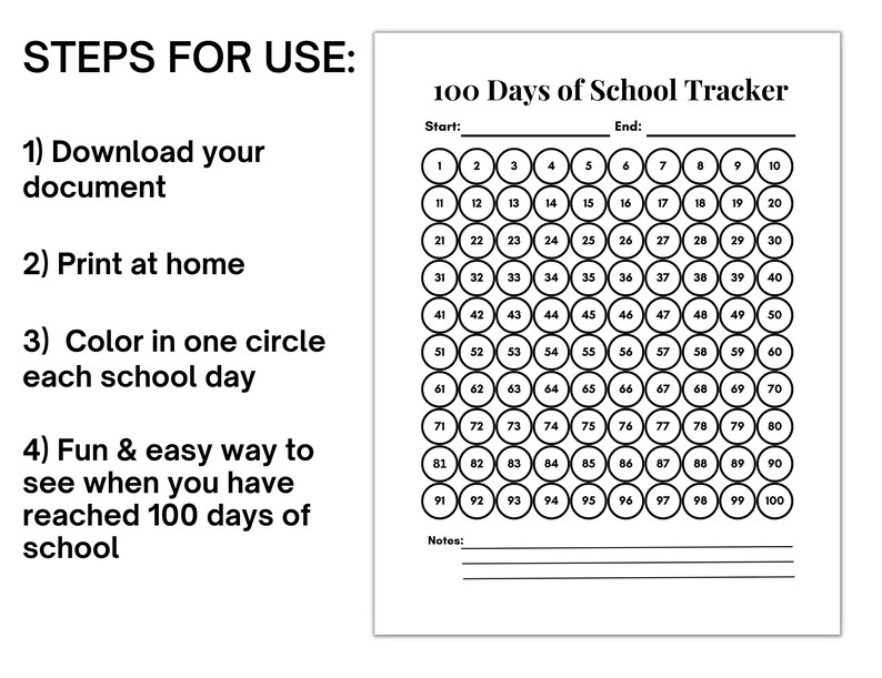 100 Days of School Tracker Printable, 100th Day of School - Etsy