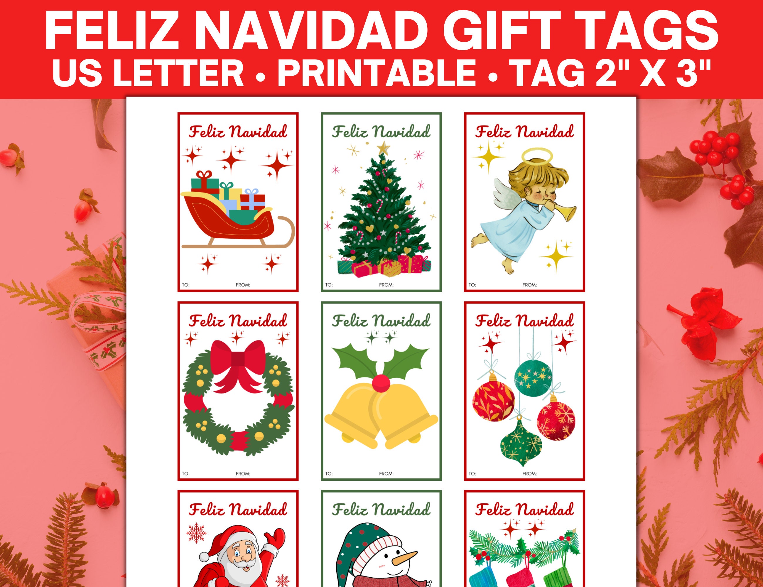 Printable Gift Tags Feliz Navidad, Christmas Gift Tags, Gift Tag Pdf ...