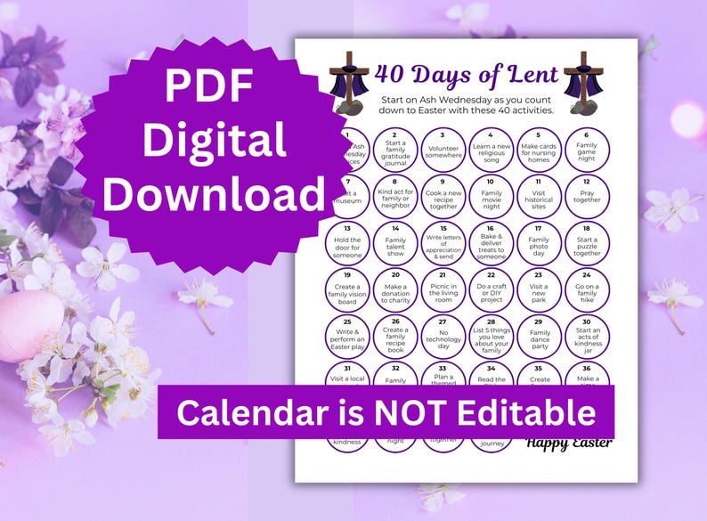 40 Days of Lent Countdown Calendar, Lent for Kids and Family Activities ...