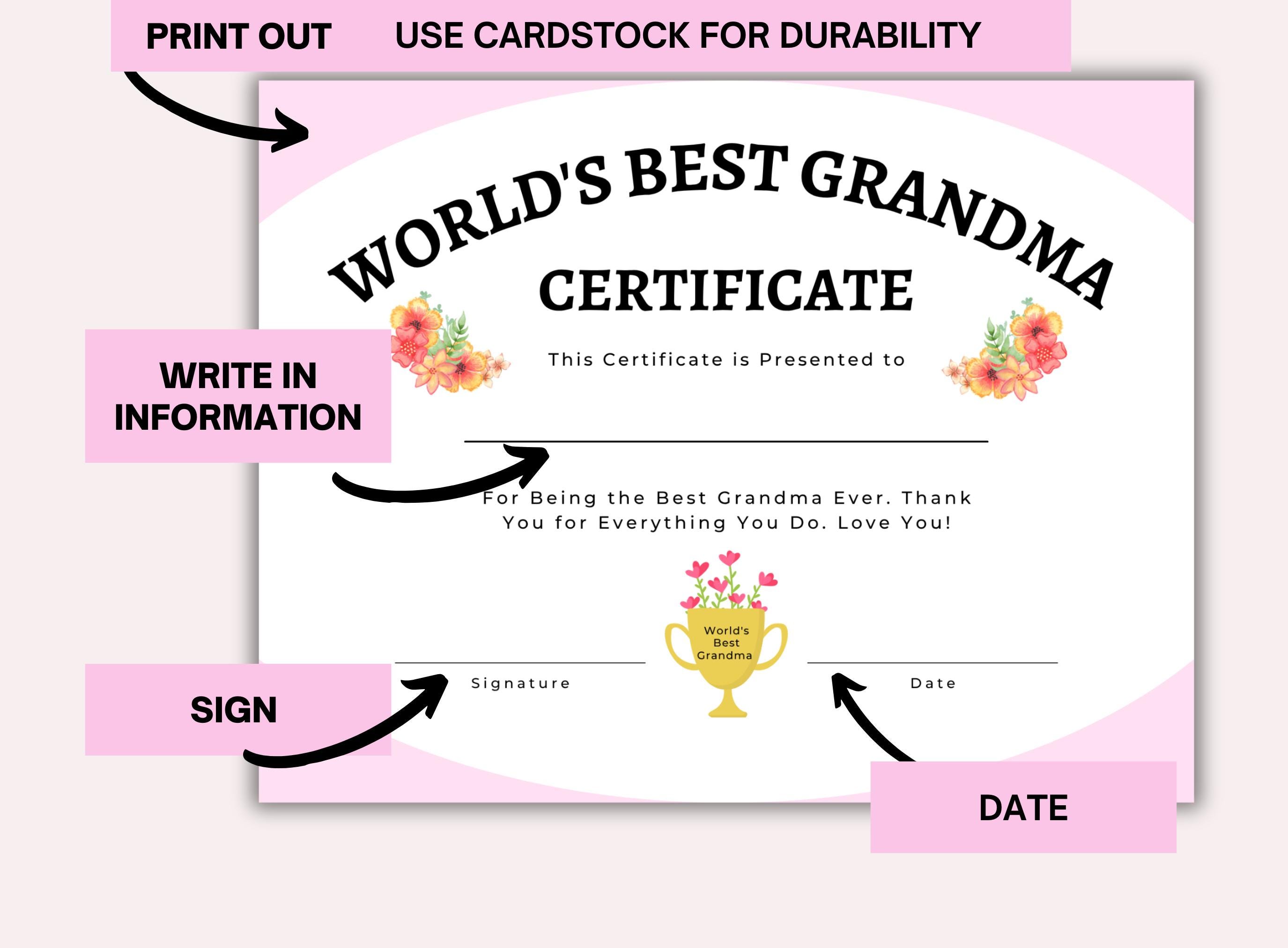 World's Best Grandma Certificate, Best Grandma Award, Grandmother ...