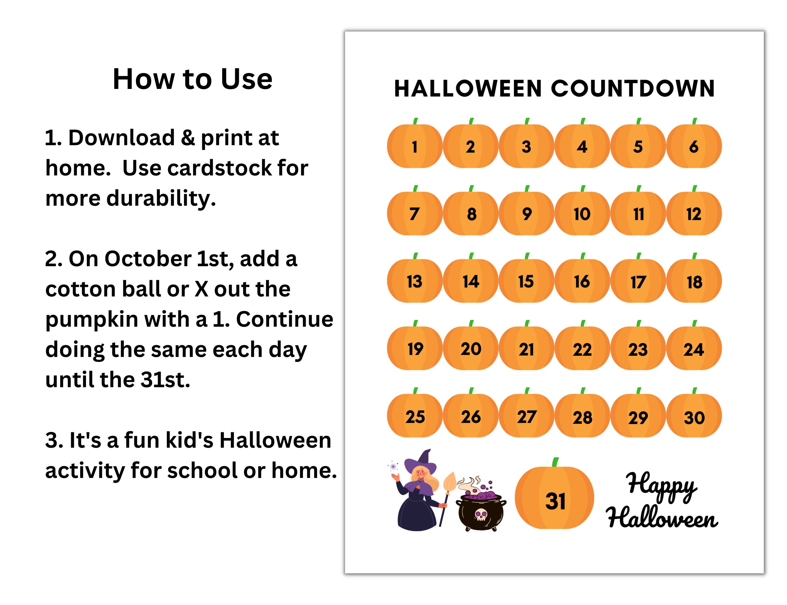 Halloween Countdown Calendar, Printable Halloween Activity, Holiday ...
