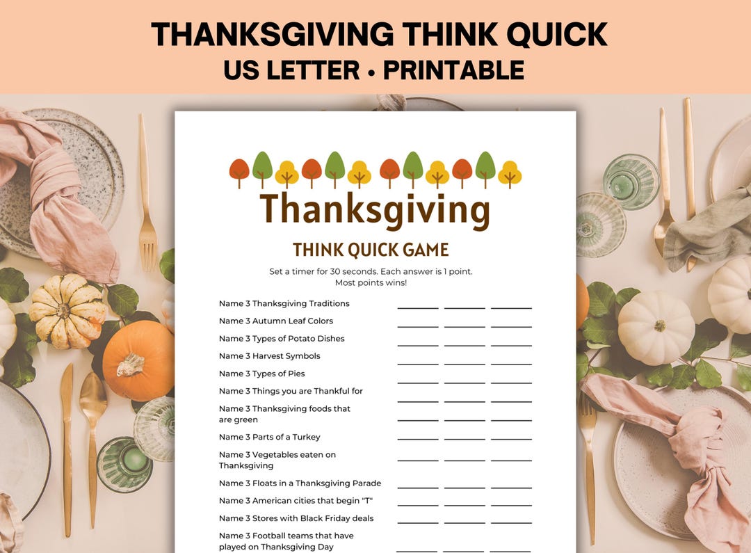 Thanksgiving Think Quick Game, Thanksgiving Printable Game, Holiday ...
