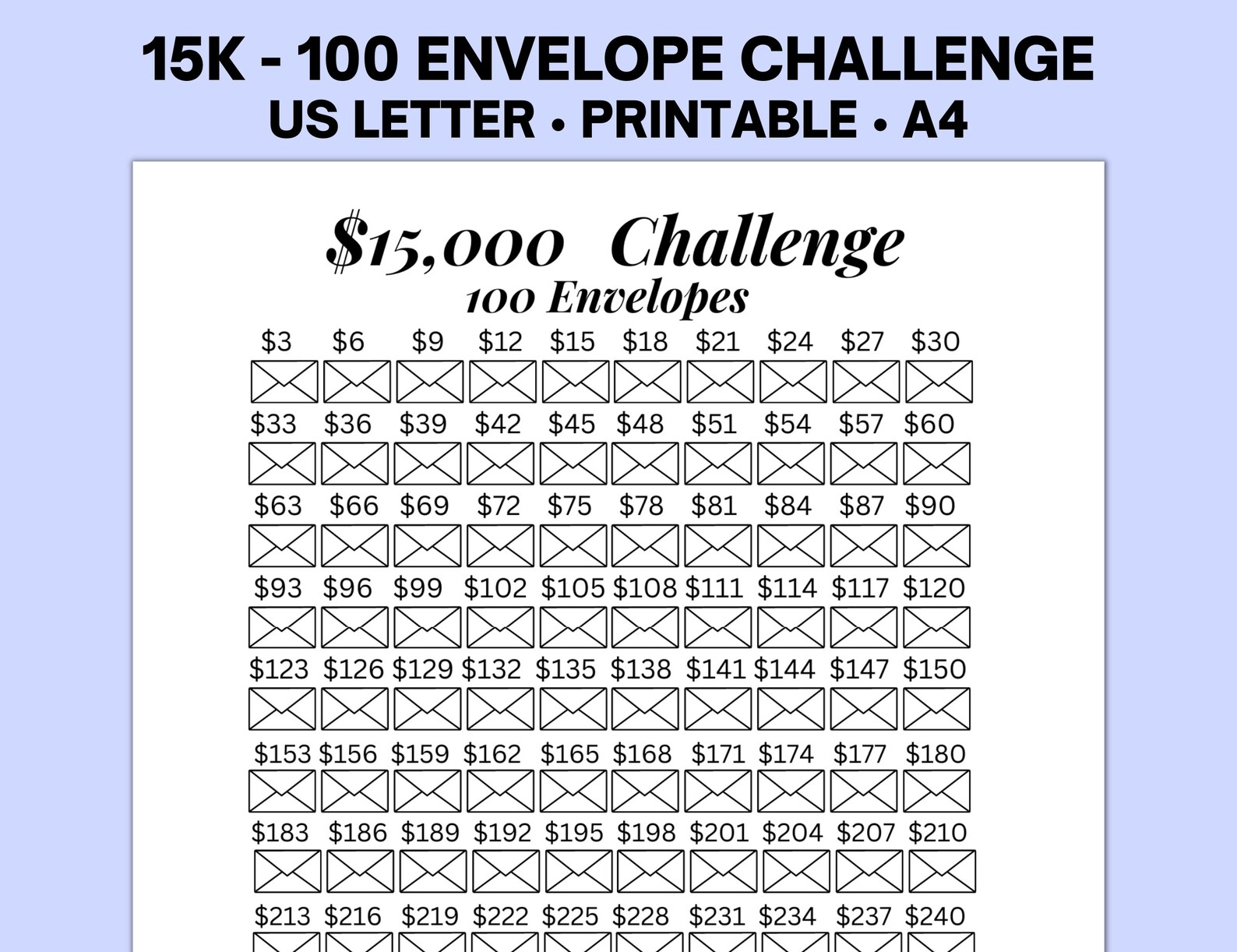 15K 100 Envelope Challenge Printable, 15000 Savings Challenge, Savings ...