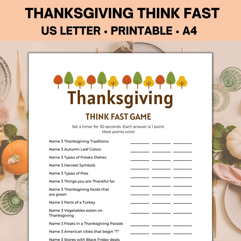 Thanksgiving Think Fast Game, Thanksgiving Printable Game, Holiday ...