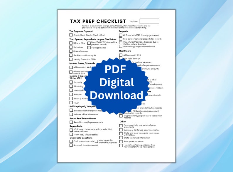 Tax Prep Checklist, Tax Checklist, Tax Organizer, Tax Preparation, Tax ...