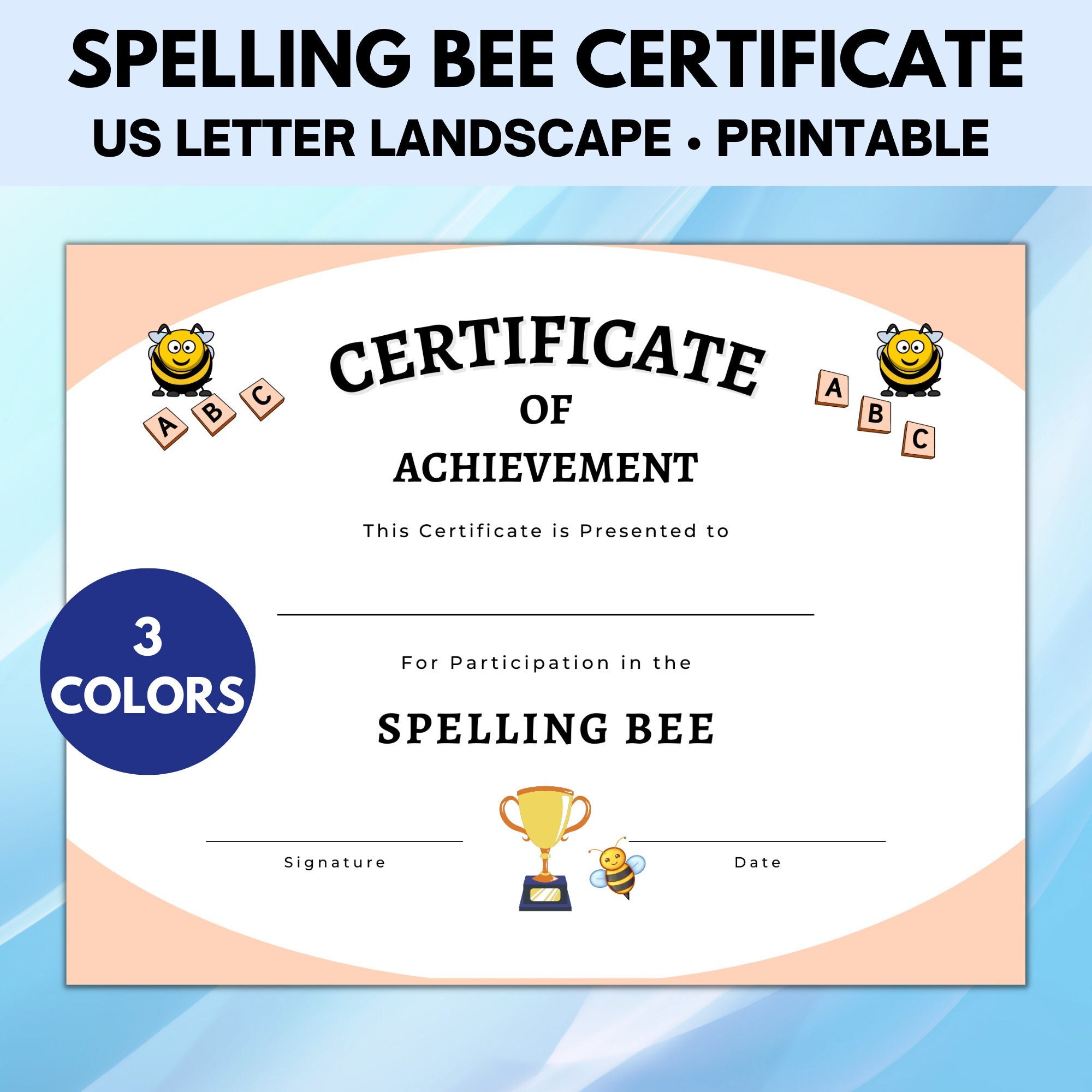 Spelling Bee Certificate, Award and Certificate of Achievement for Kids ...