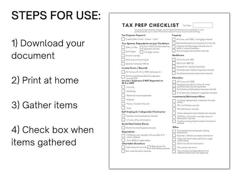 Tax Prep Checklist, Tax Checklist, Tax Organizer, Tax Preparation, Tax ...