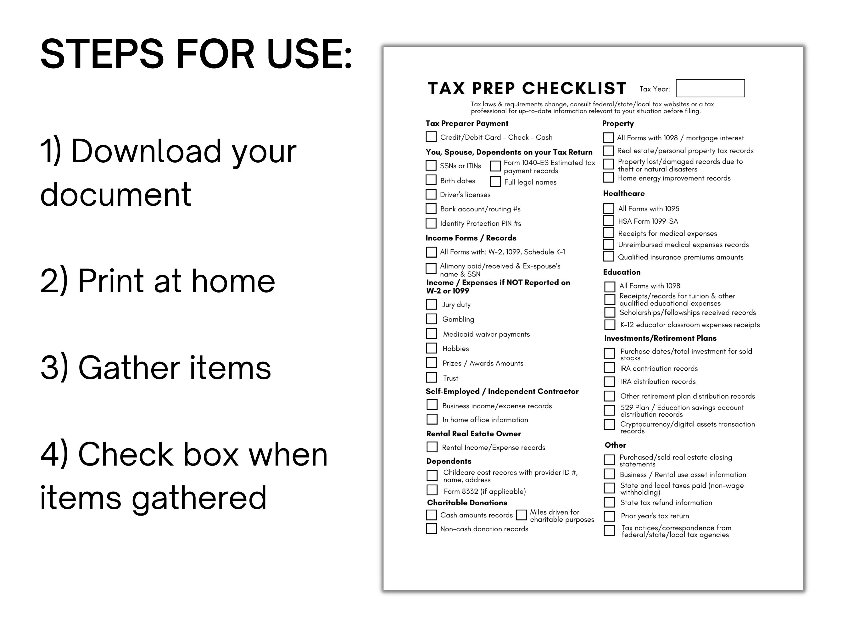 Tax Prep Checklist, Tax Checklist, Tax Organizer, Tax Preparation, Tax ...
