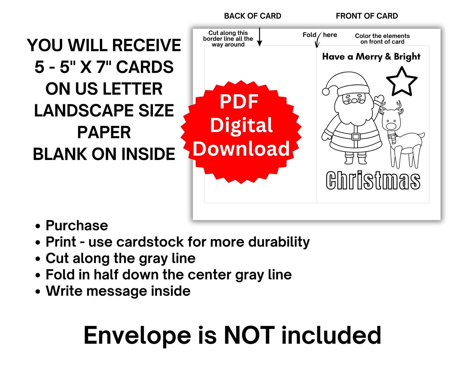 Christmas Coloring Cards for Kids Printable, Santa Coloring, Christmas ...