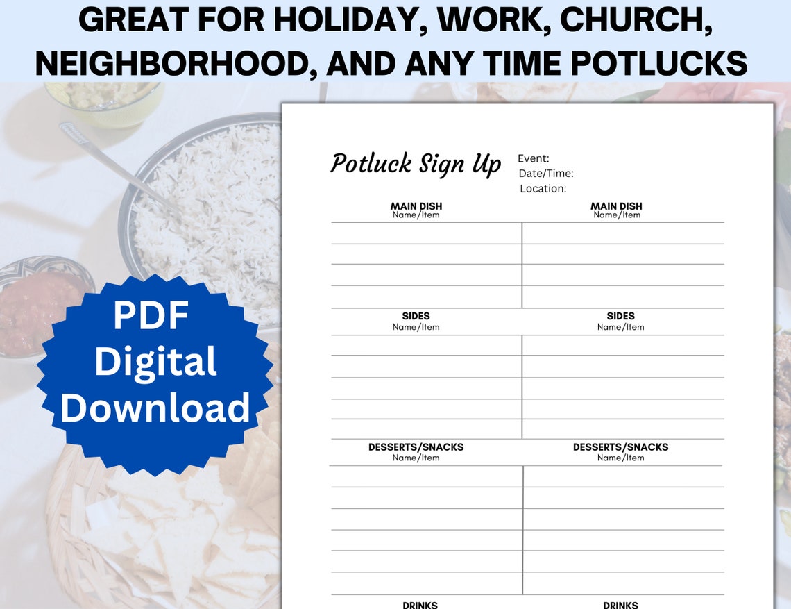 Potluck Sign up Sheet, Food Sign up Sheet - Etsy