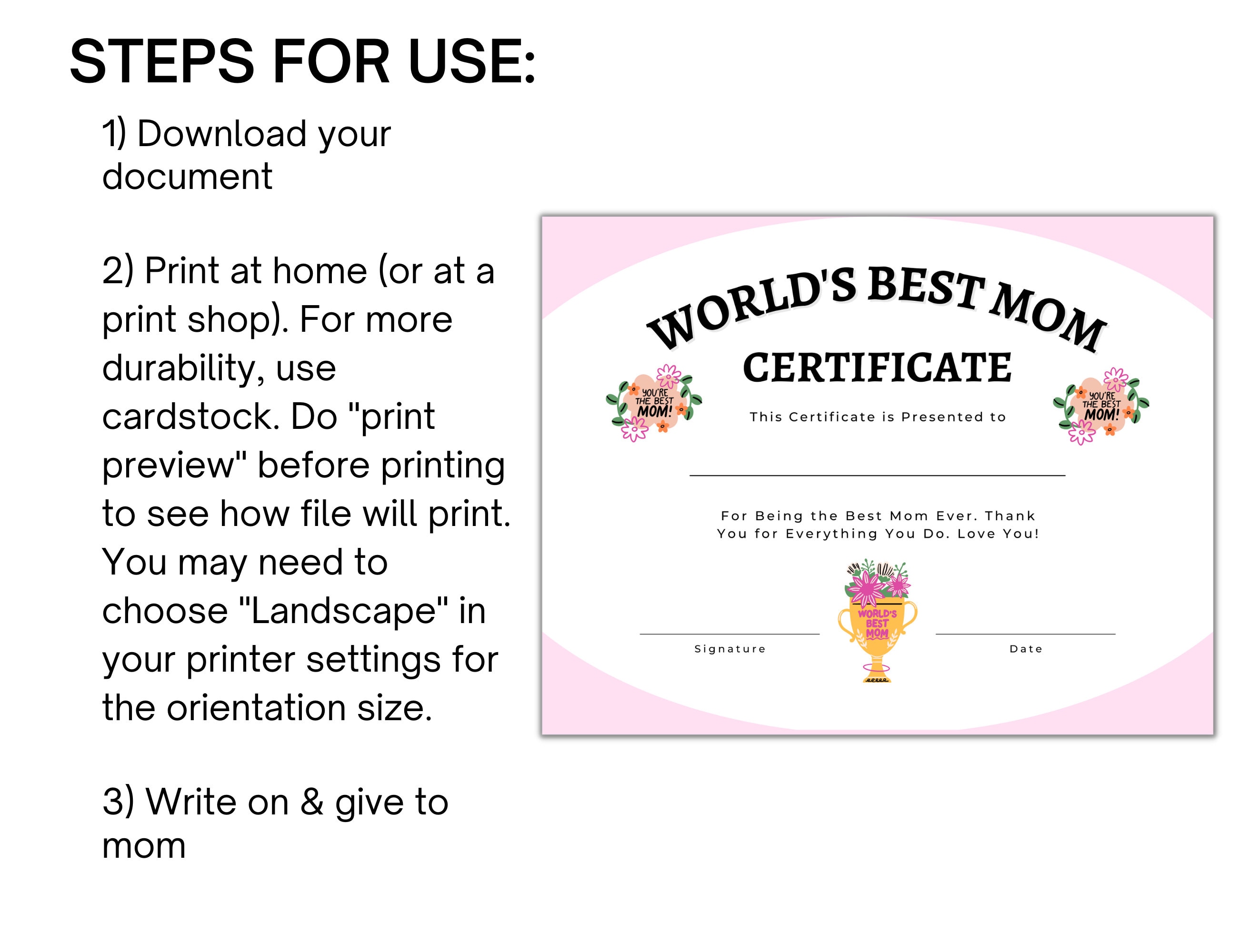 Best Mom Certificate, World's Best Mom, Best Mom Ever Award Certificate ...