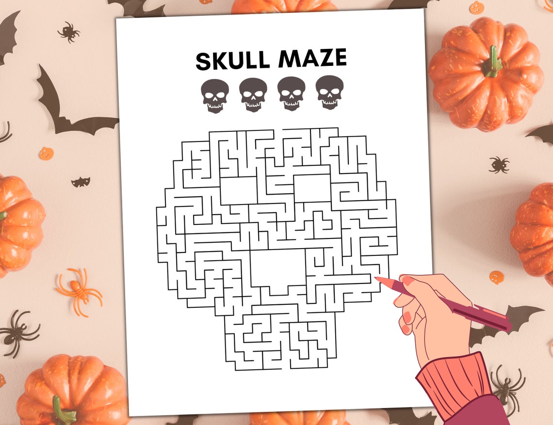Skull Maze, Printable Halloween Maze, Halloween Activities and Games ...