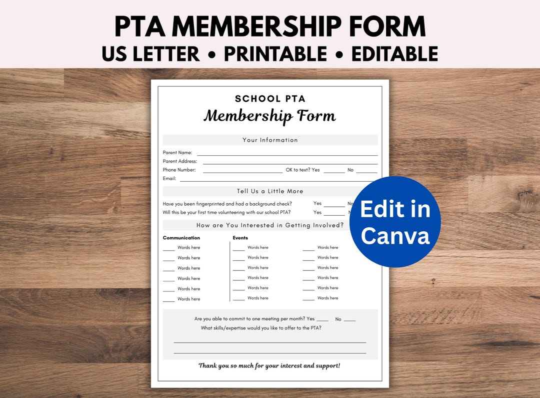 PTA Membership Form Editable, PTO Sign up Sheet, PTA Volunteer Form ...