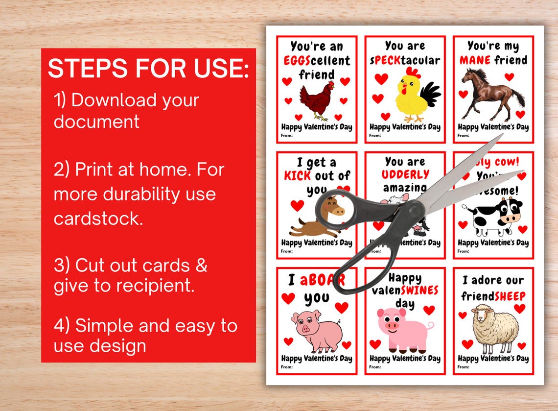 Farm Animal Valentines, Chicken Valentine, Horse Valentine Card, Sheep ...