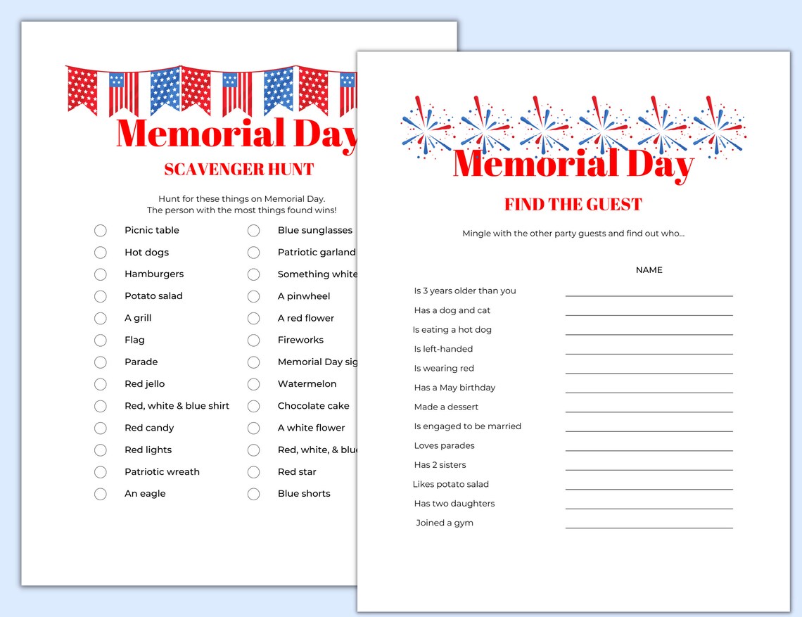 Memorial Day Games, Find the Guest Game, Memorial Day Scavenger Hunt ...