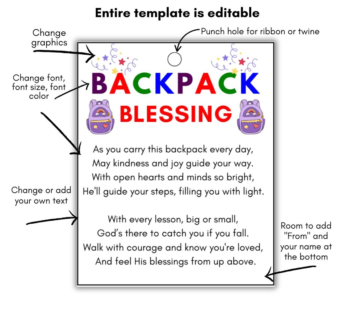 Backpack Blessing Tags Editable, Bless This Backpack, Christian ...