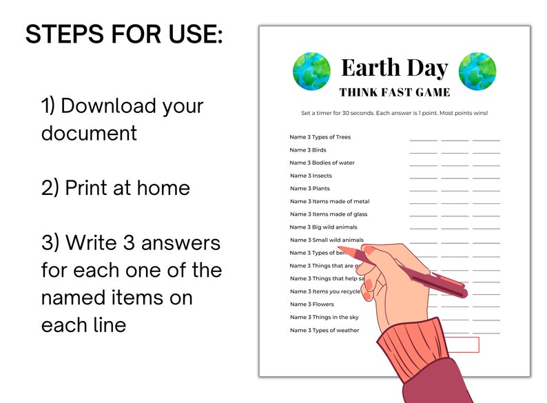 Earth Day Think Fast Game, Ice Breaker Games, Earth Day Printable ...