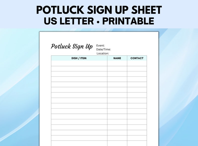 Potluck Sign up Sheet and List - Etsy