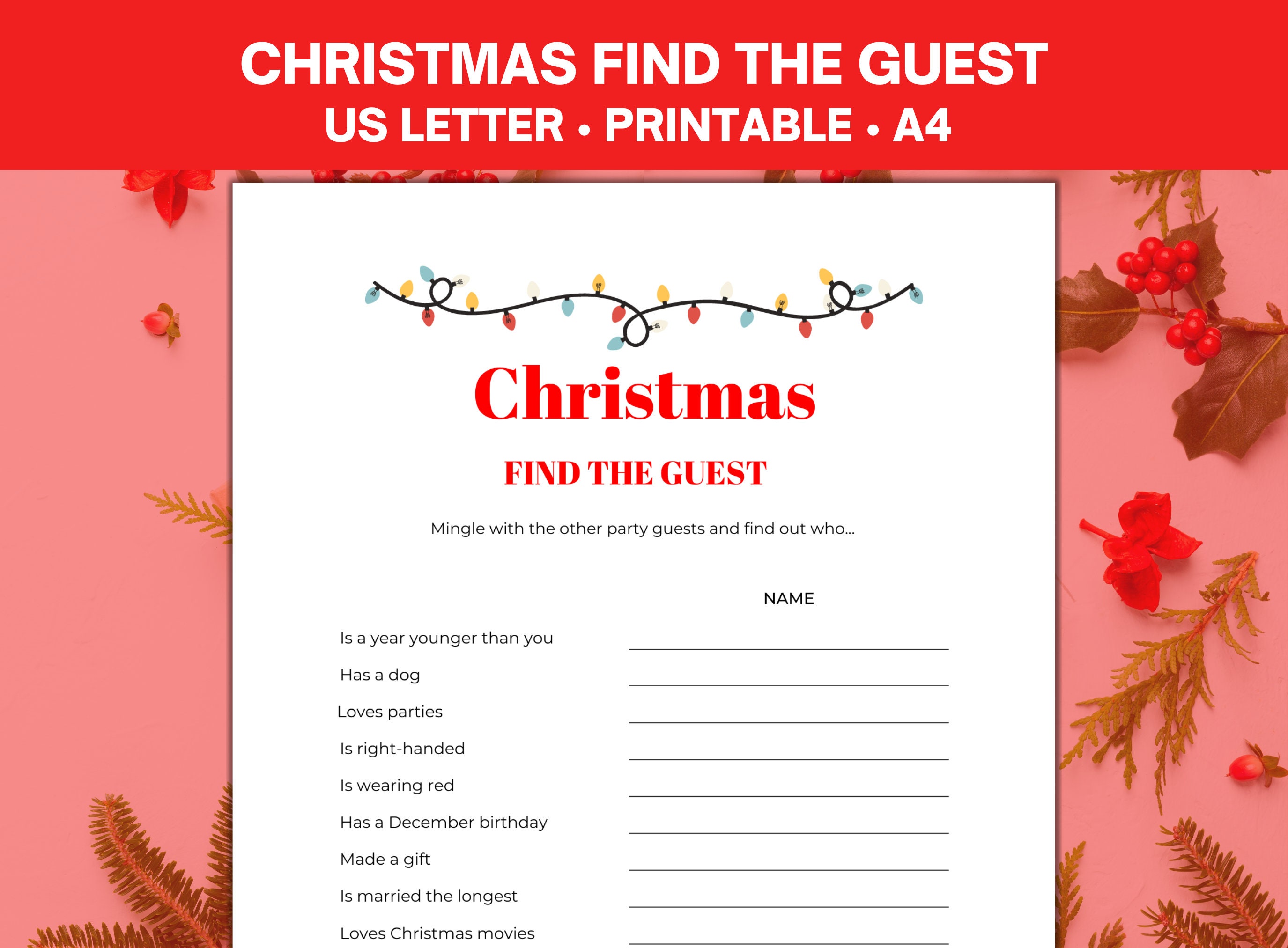 Christmas Find the Guest Game, Find Someone Who, Printable Christmas ...