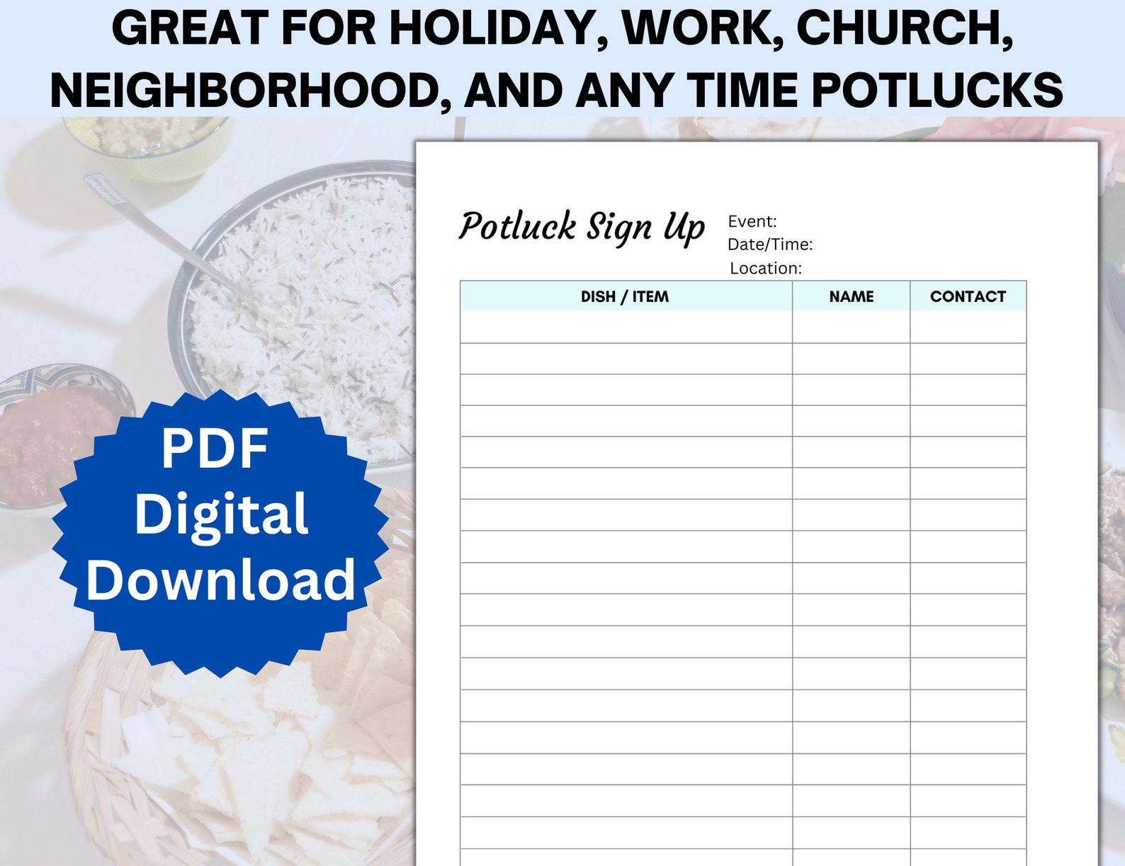 Potluck Sign up Sheet and List, Holiday Potluck Sign up Sheet, Family ...
