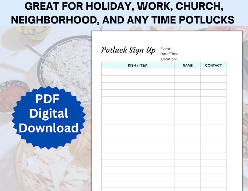Potluck Sign up Sheet and List, Holiday Potluck Sign up Sheet, Family ...