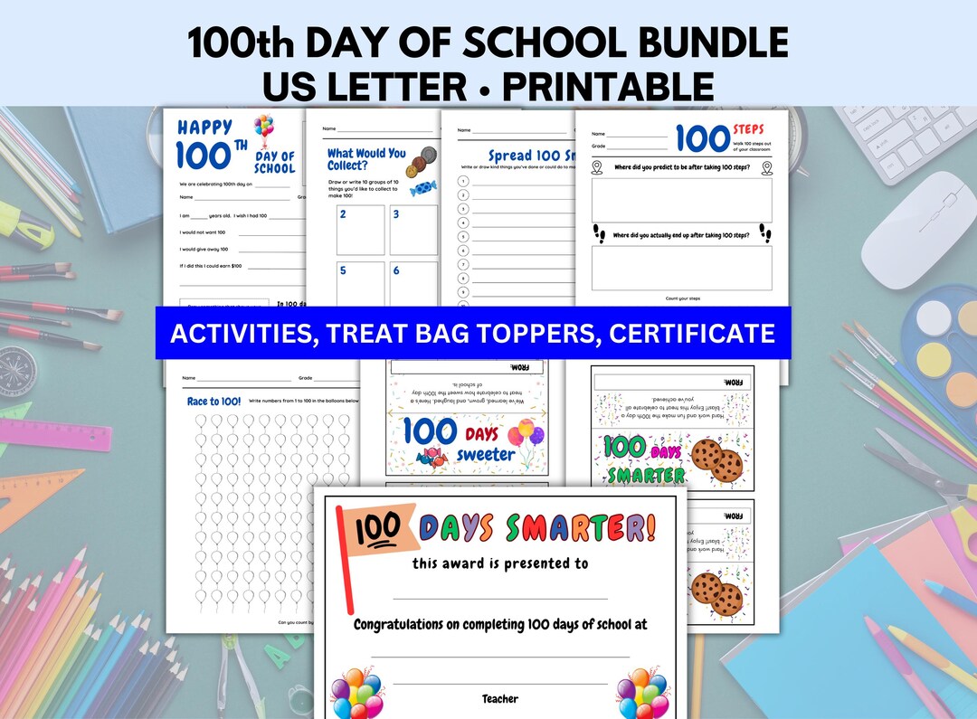 100th Day of School Activities, Treat Bag Toppers and Certificate ...