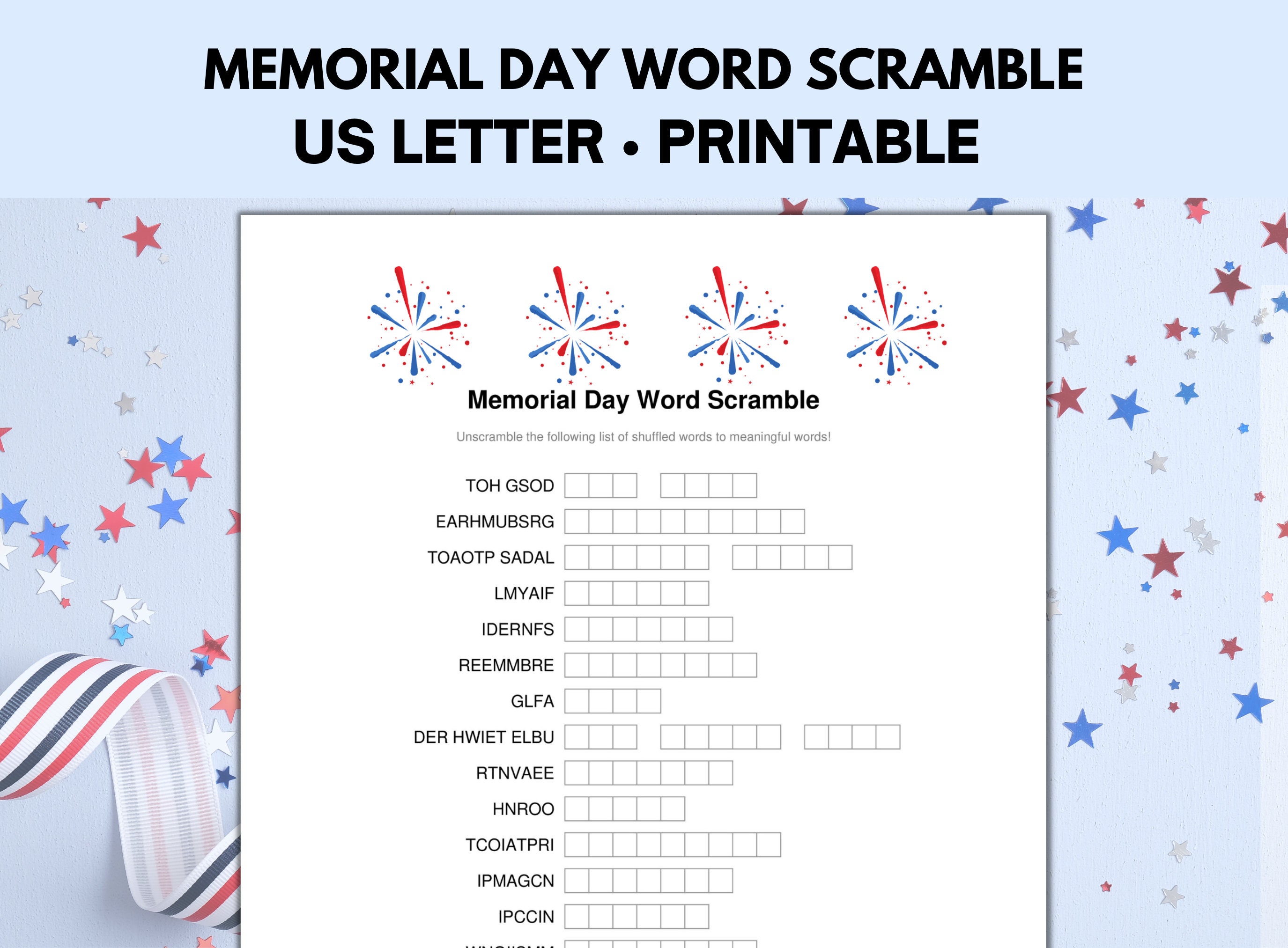 Memorial Day Word Scramble Game, Memorial Day Games - Etsy