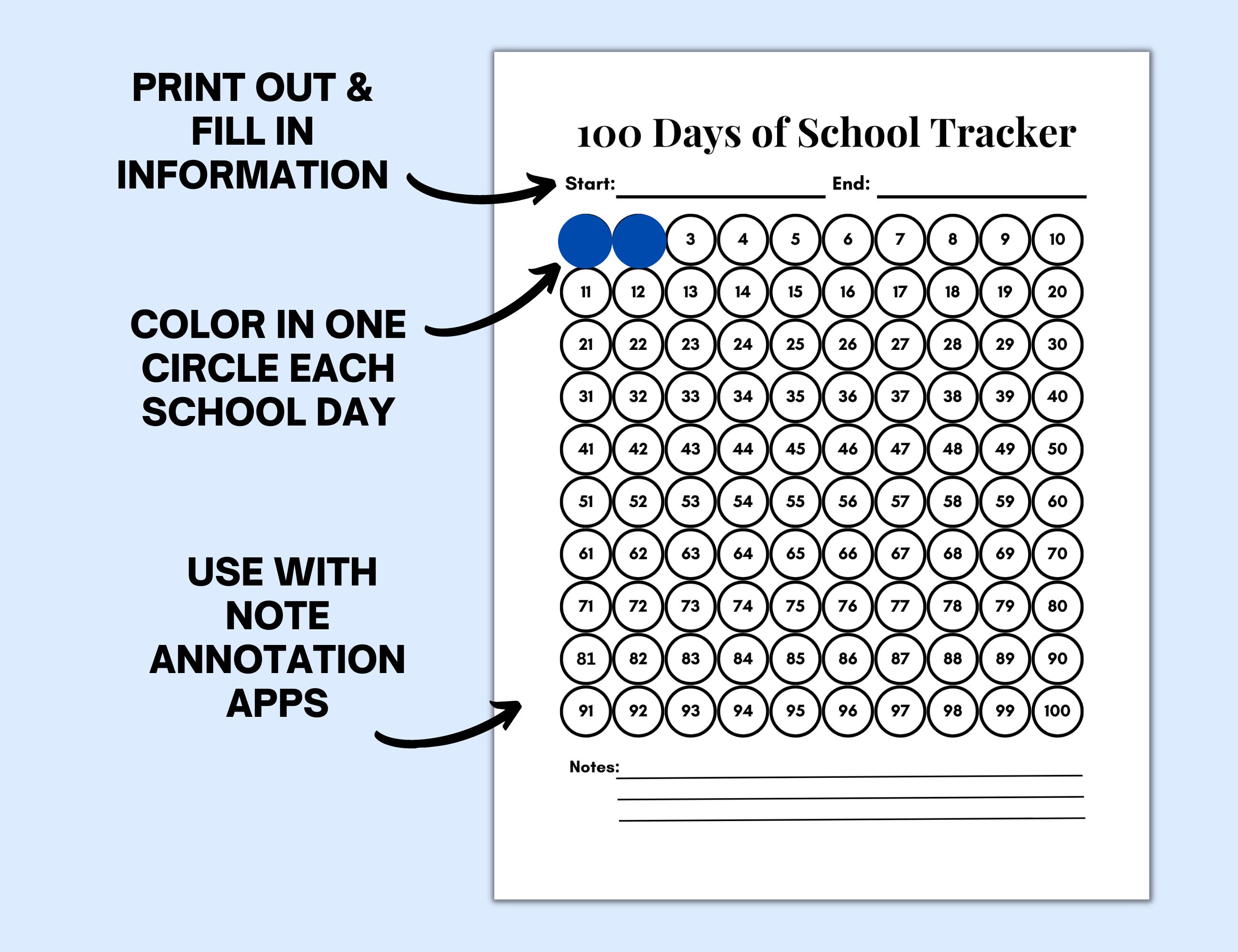 100 Days of School Tracker Printable, 100th Day of School - Etsy