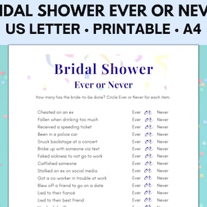 Bridal Shower Ever or Never Game, Who Knows the Bride Best, How Well Do ...