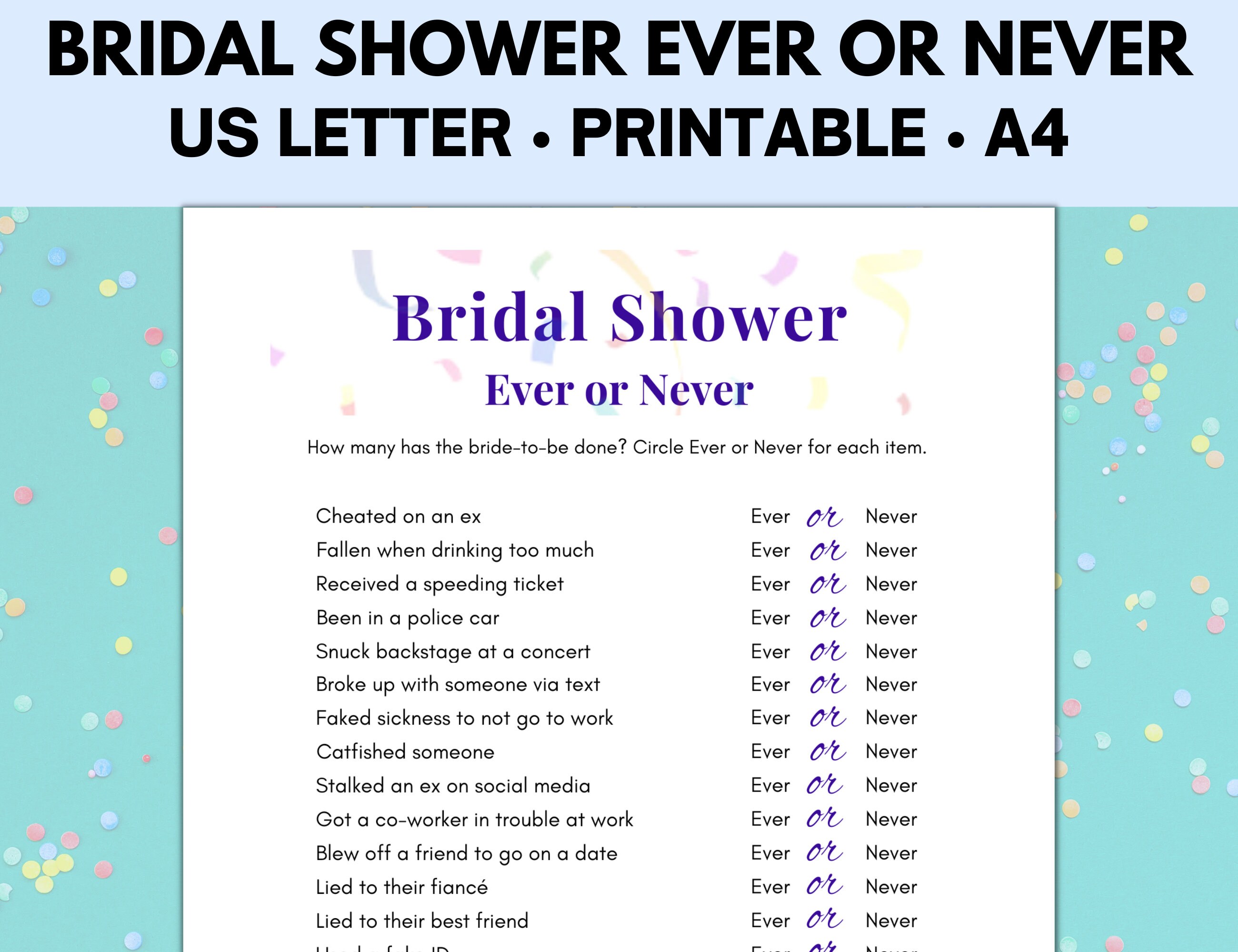 Bridal Shower Ever or Never Game, Who Knows the Bride Best, How Well Do ...