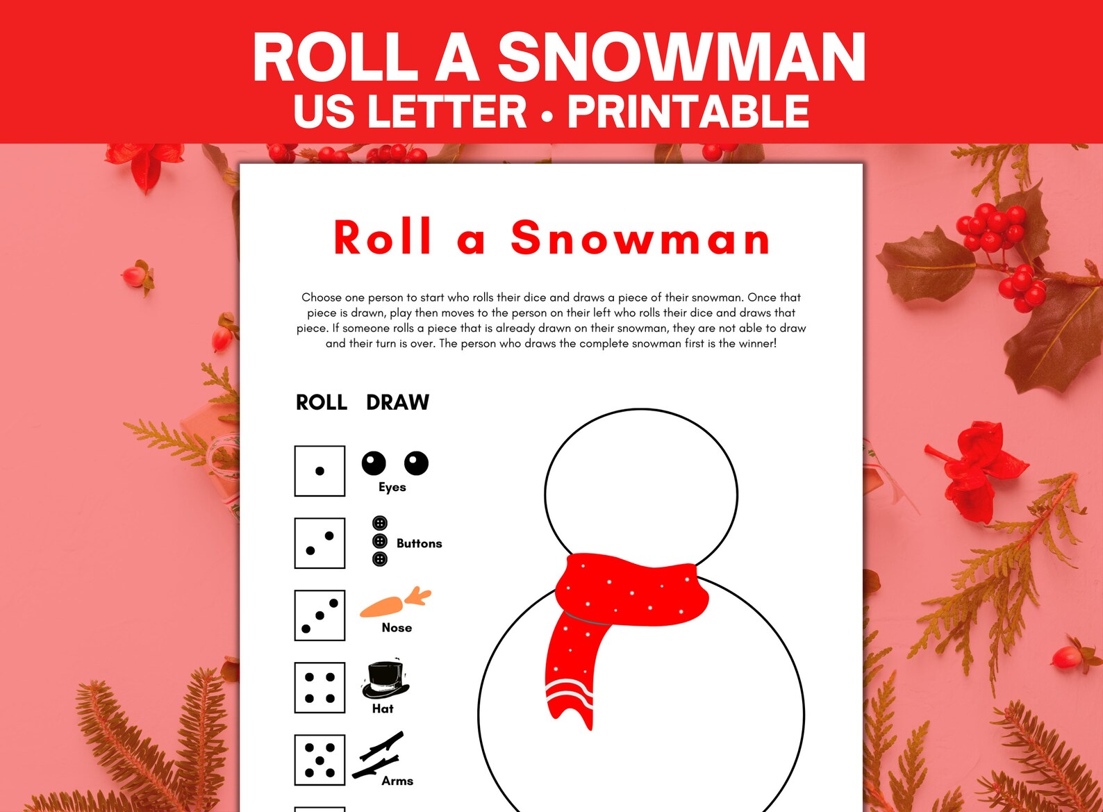 Roll a Snowman Game, Christmas Dice Game, Printable Winter and ...