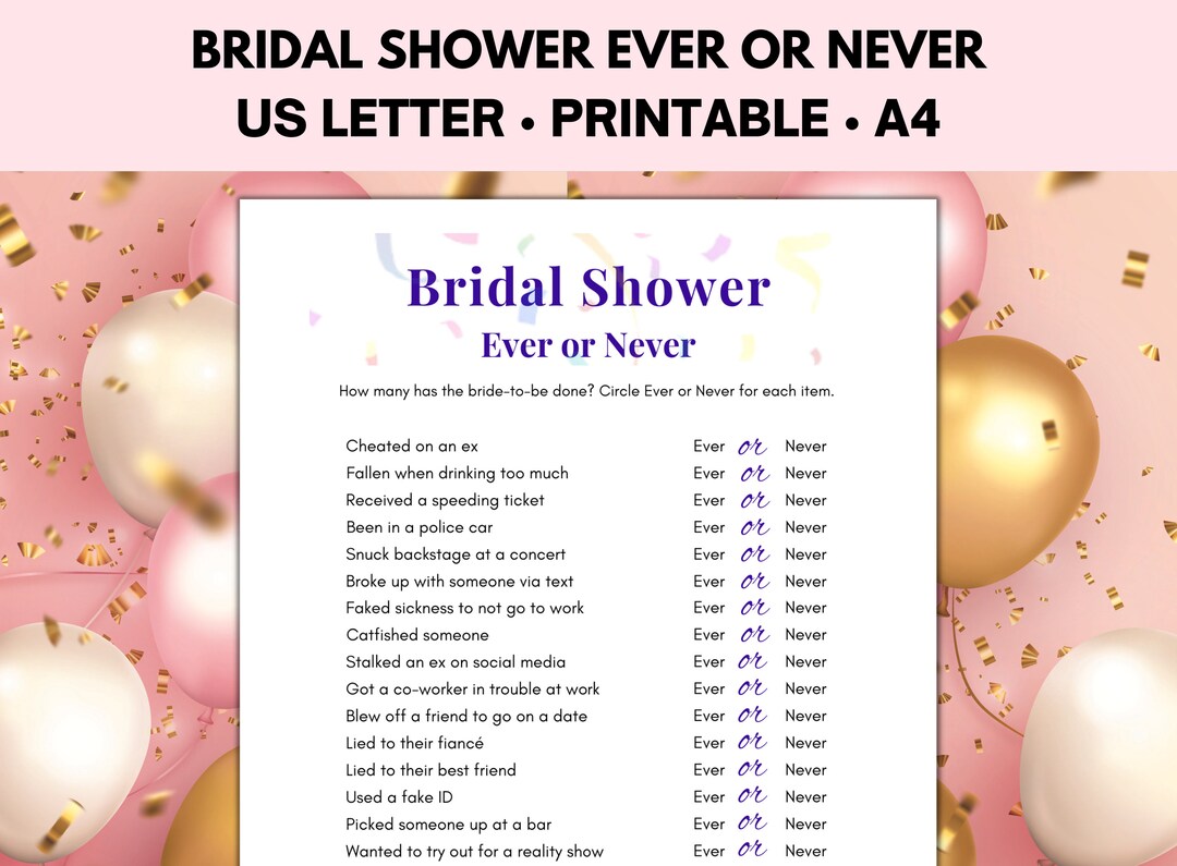 Bridal Shower Ever or Never Game, Who Knows the Bride Best, How Well Do ...