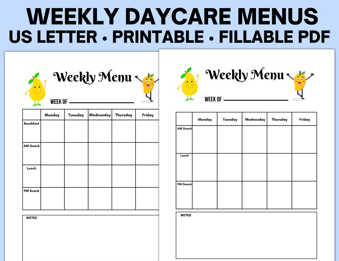 Editable Daycare Menu Preschool Weekly Menu Template - Etsy