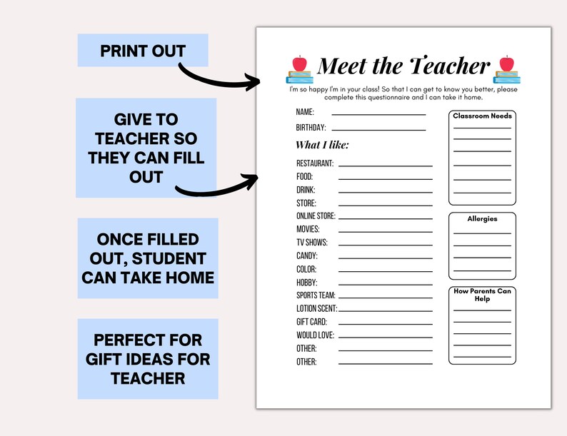 Meet the Teacher, Teacher Favorite Questionnaire, Teacher About Me and ...