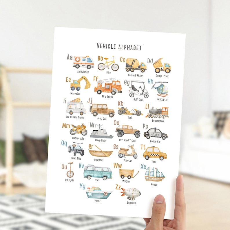 Printable Kids Vehicle Alphabet Car ABC Poster Kids Educational Posters ...