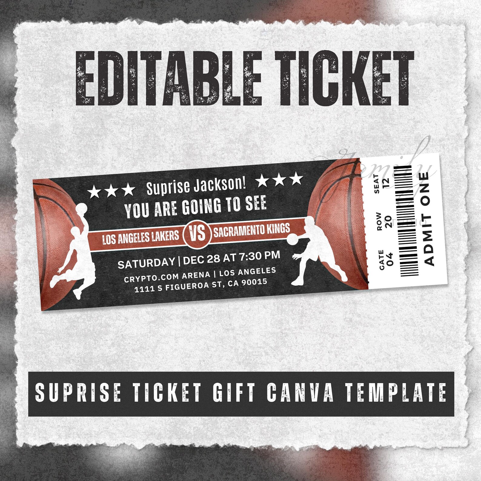 Editable Basketball Ticket Template | Ticket Printable Gift | Sport ...