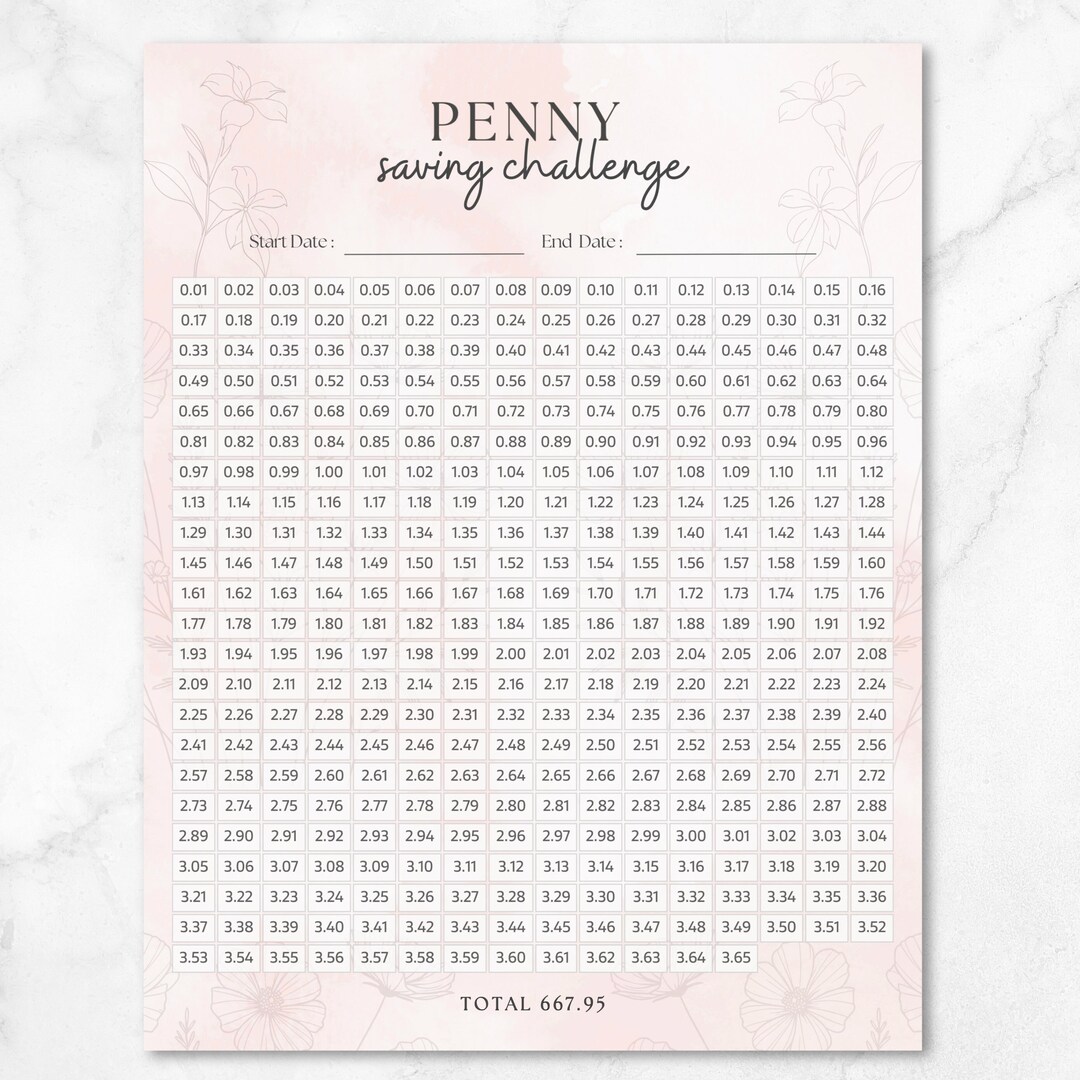 1p Penny Saving Challenge Printable Pennies Coin Saving Tracker Money ...