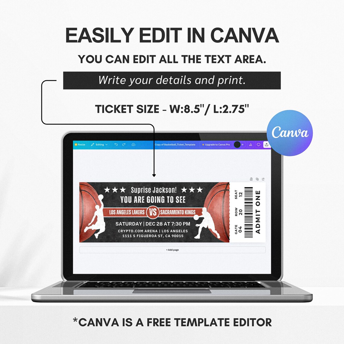 Editable Basketball Ticket Template | Ticket Printable Gift | Sport ...