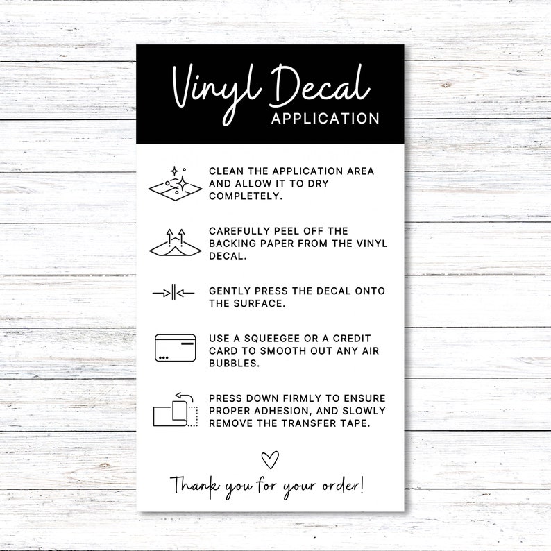 Vinyl Decal Application Card Printable Vinyl Decal Care Card Small Business Cards Decal ...