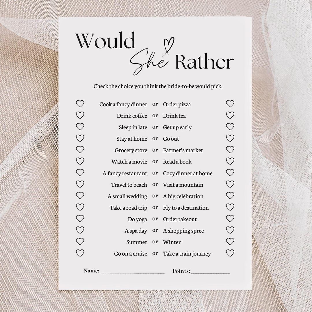 Editable Would She Rather Bridal Shower Game Template Boho Bridal ...