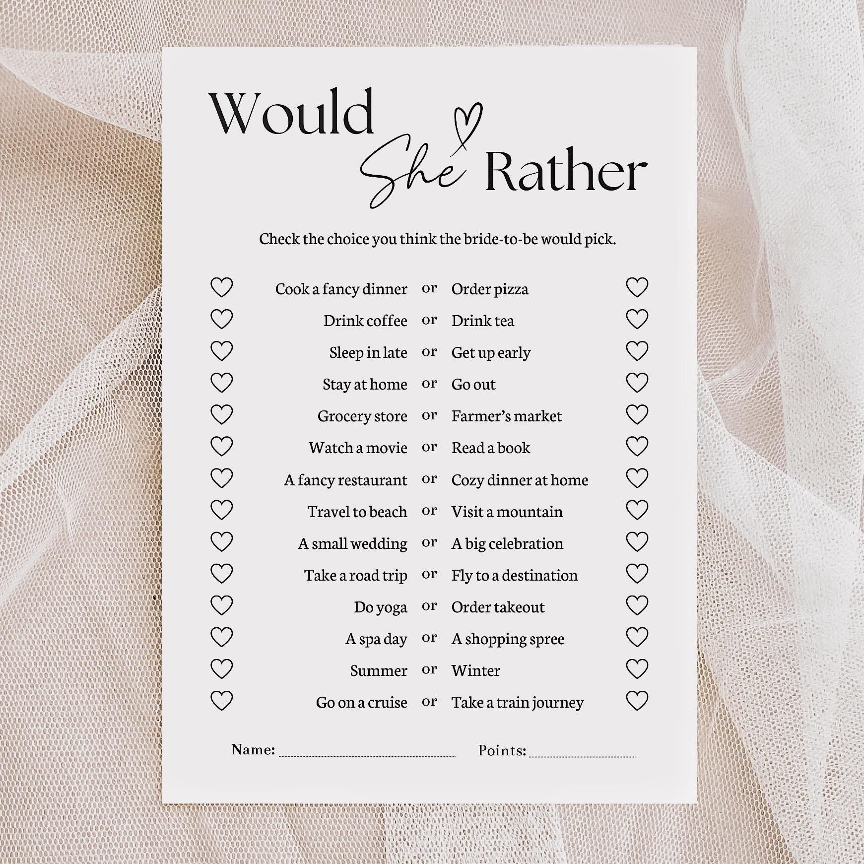 Editable Would She Rather Bridal Shower Game Template Boho Bridal ...