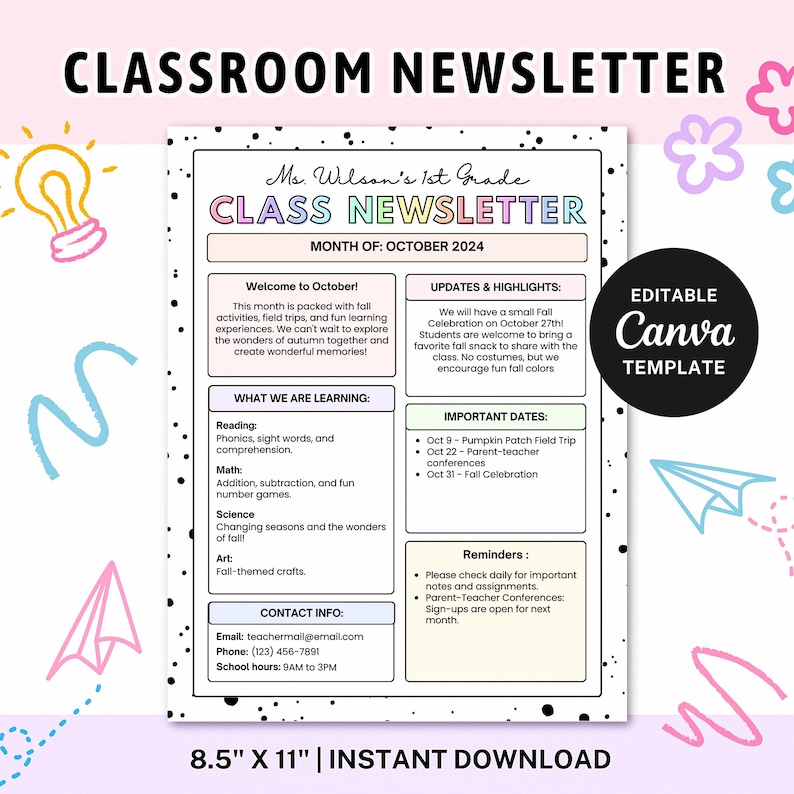 Editable Classroom Newsletter Template Printable Teachers Letter School ...