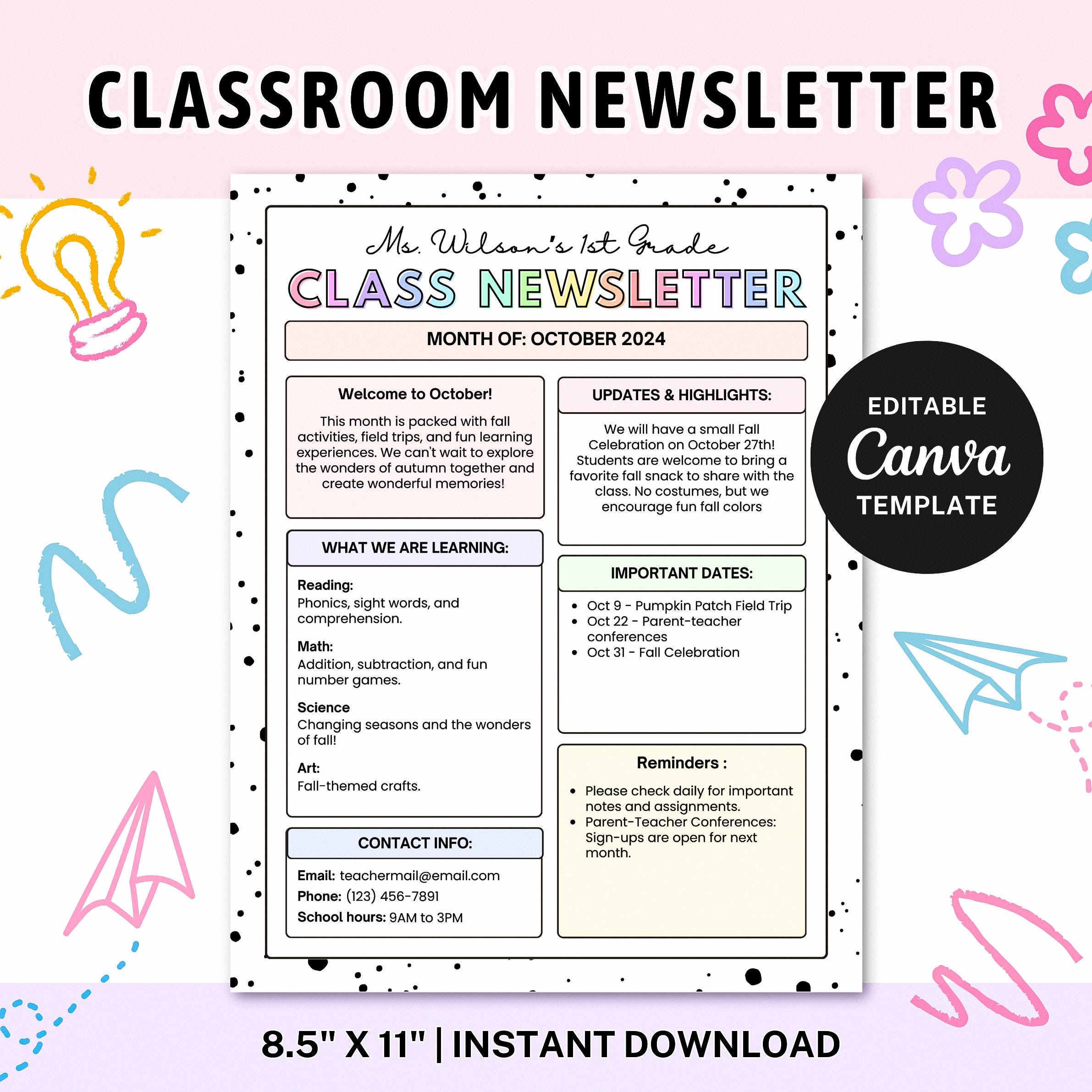 Editable Classroom Newsletter Template Printable Teachers Letter School ...