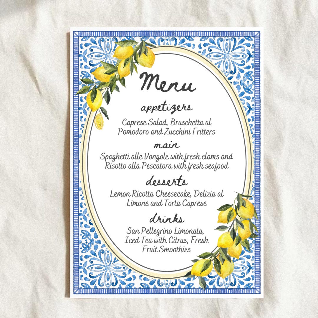 Editable Menu Template for Amalfi Coast Lemon Shower Menu, Blue Lemon ...