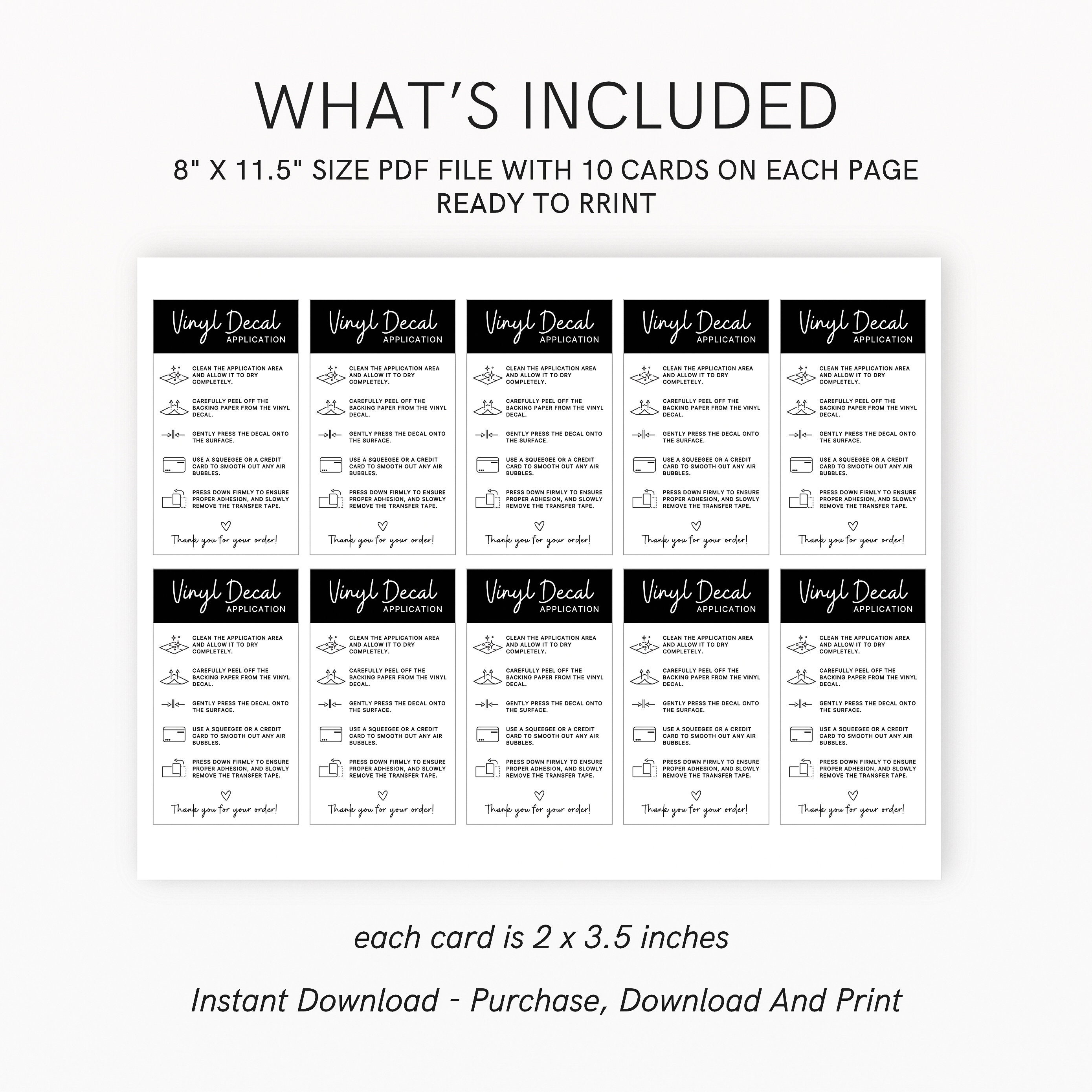 Vinyl Decal Application Card Printable Vinyl Decal Care Card Small Business Cards Decal ...