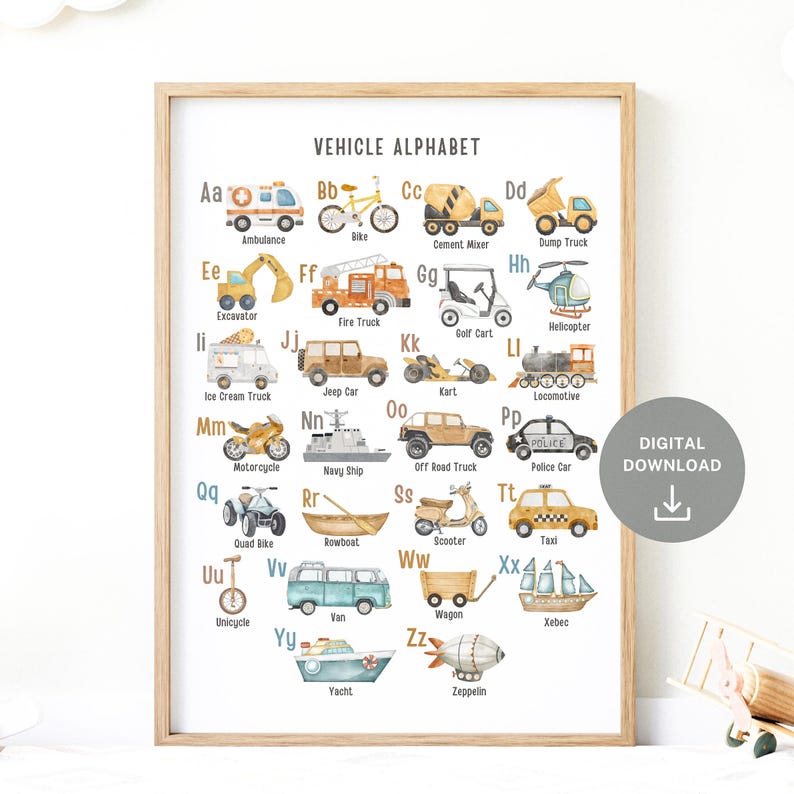 Printable Kids Vehicle Alphabet Car ABC Poster Kids Educational Posters ...