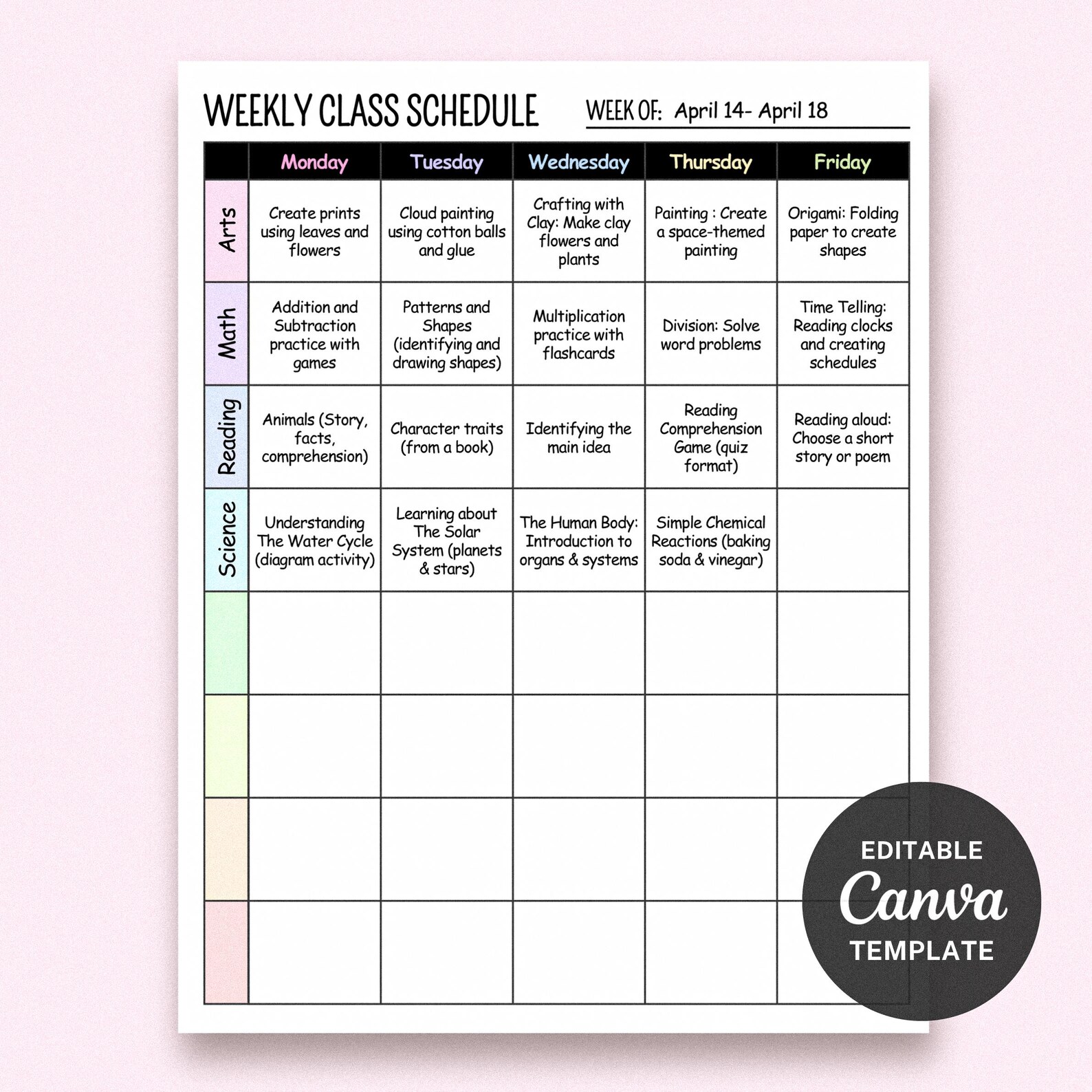 Editable Weekly Class Schedule Chart Template | Printable Classroom ...