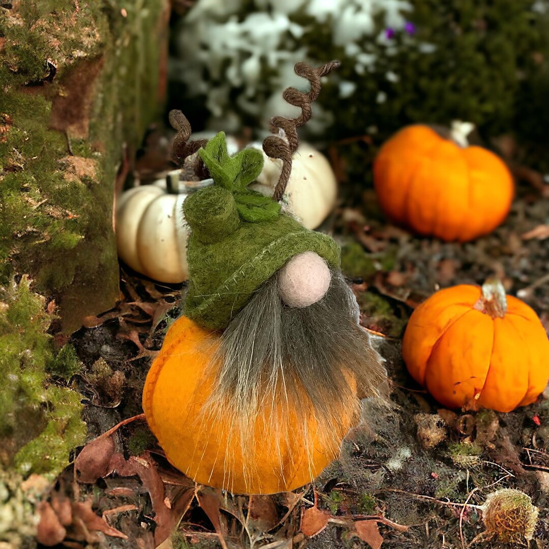 Papa Pumpkin Gnome: Wool Felt Peg Doll With Embroidered Leaf - Etsy