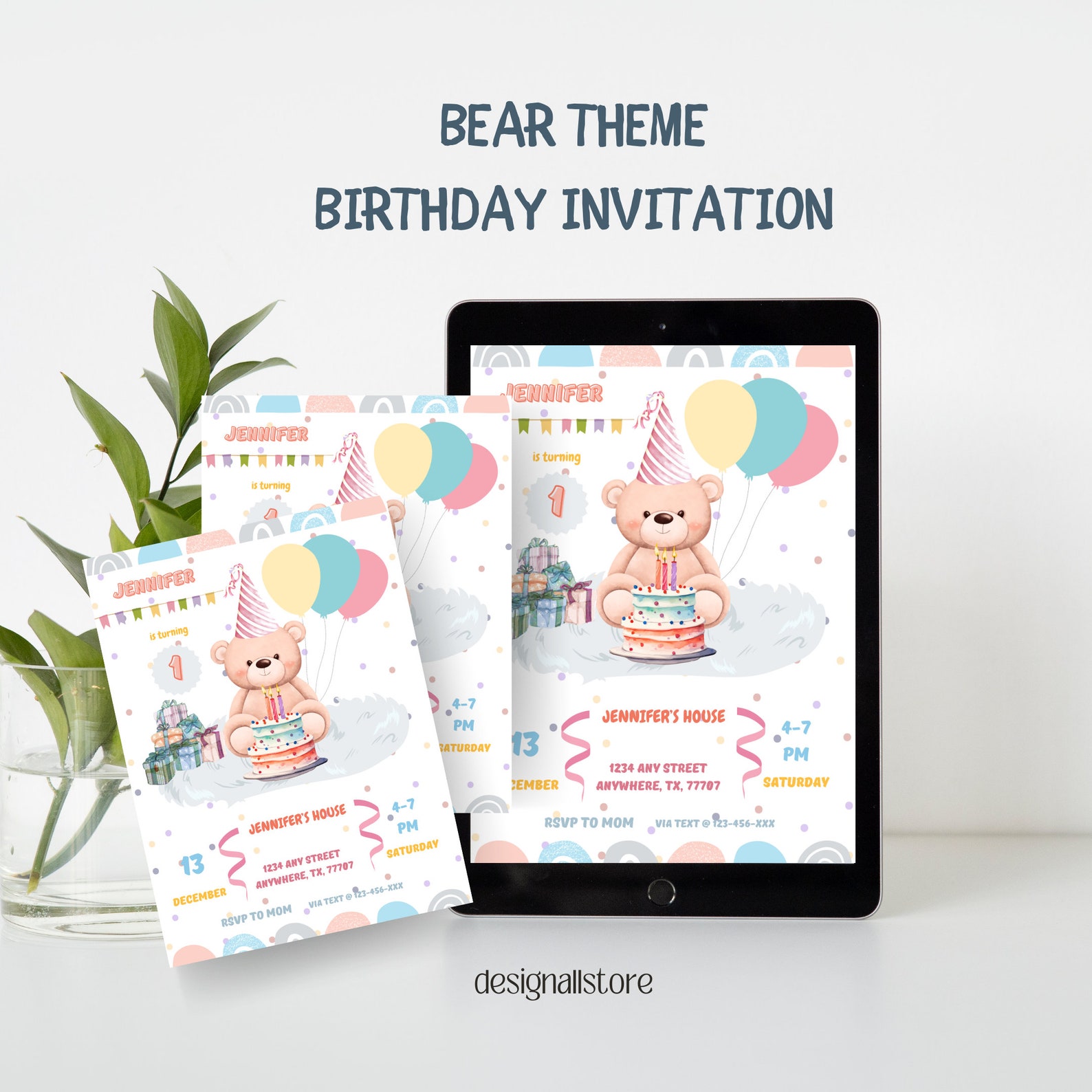 Customizable Birthday Invitation-bear Theme Party Invite - Editable ...