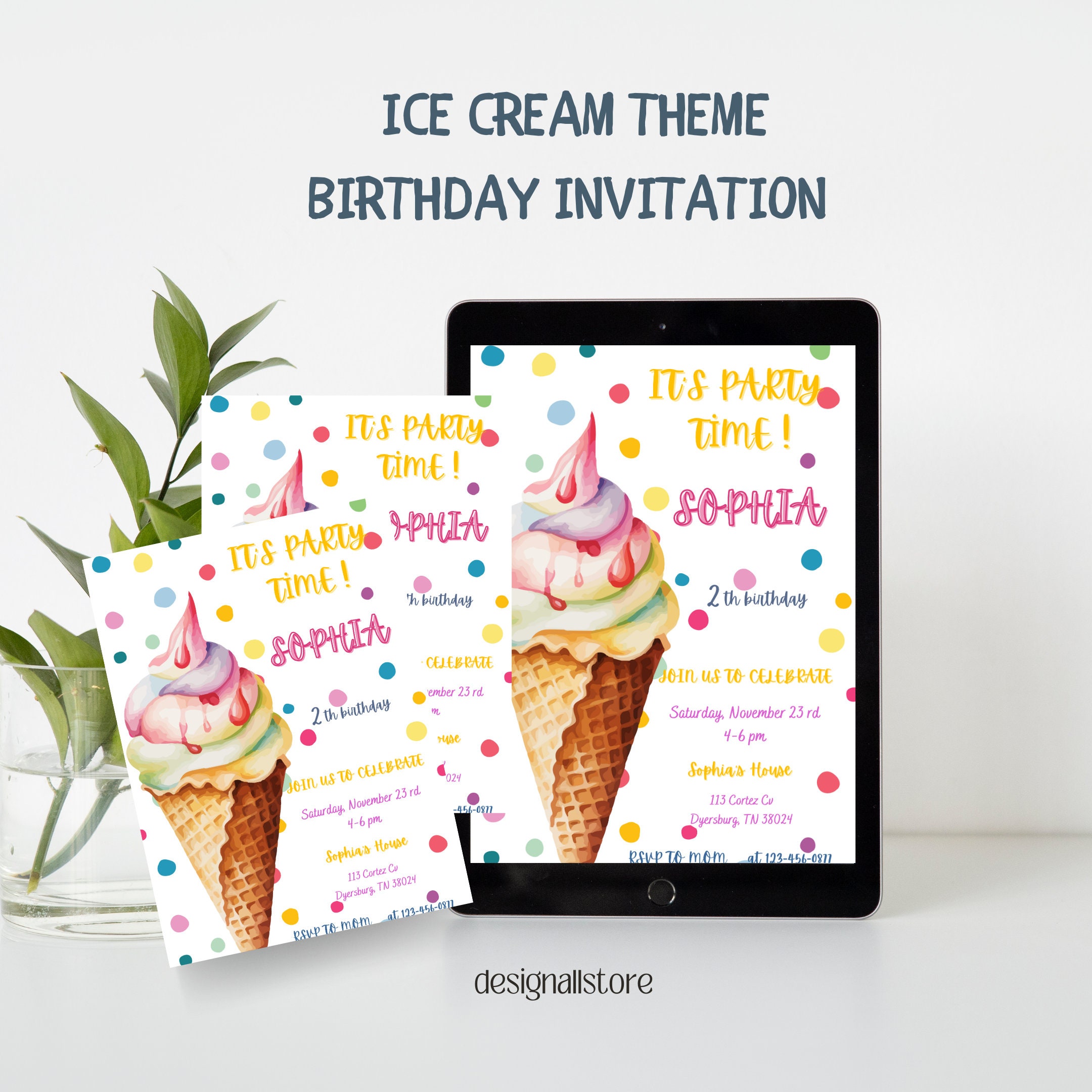 Colorful Ice Cream Party Invitation | Editable Canva Template | Summer ...